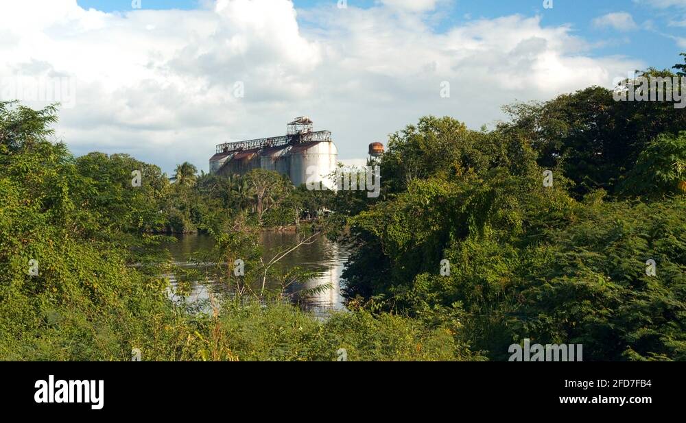 The beautiful lush, green forest of Guyana with industrial storage ...
