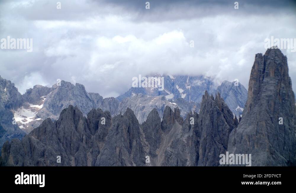Panorama smooth panning view of rough, sharp mountain peaks in ...