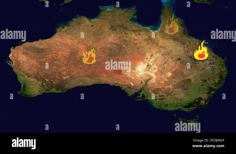 Australia bush fire map with fire particles flying around. Animation ...