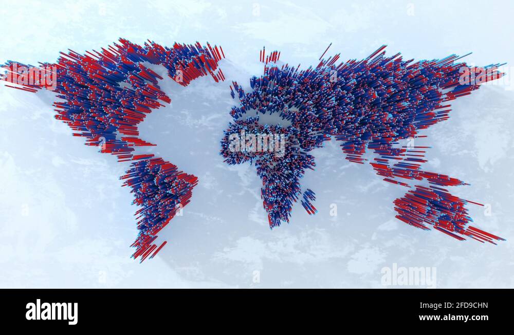 3D cylinders on world map moving like waves. Abstract render animation ...