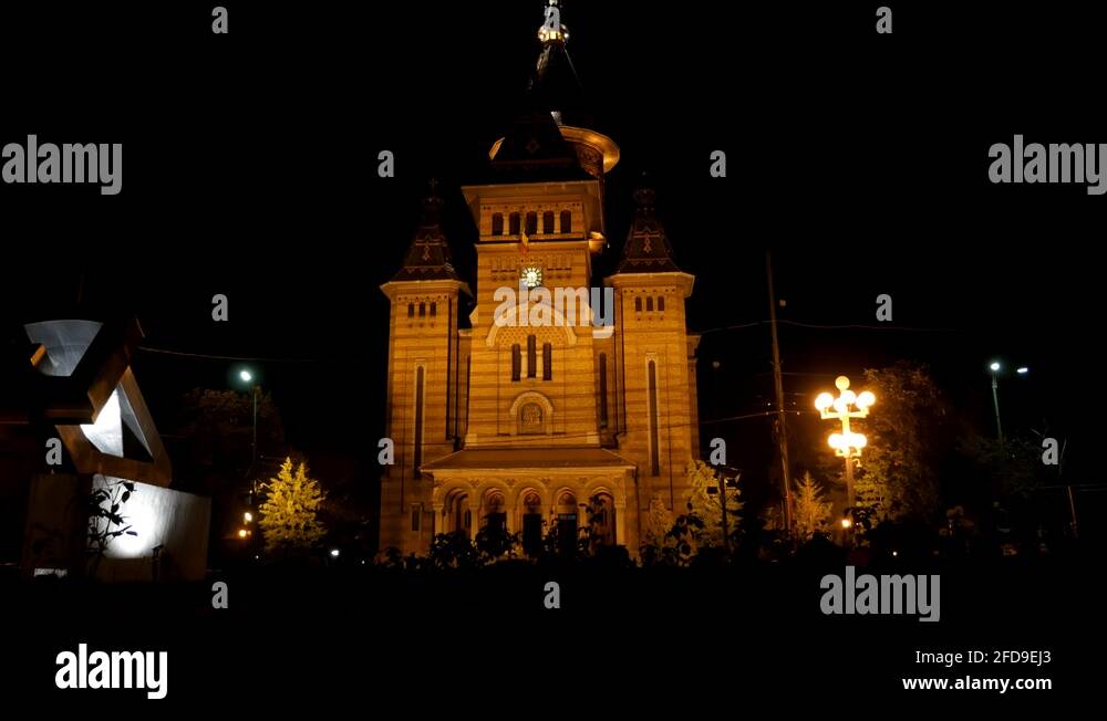 Night scene in front of Metropolitan church in Timisoara Romania 4K ...