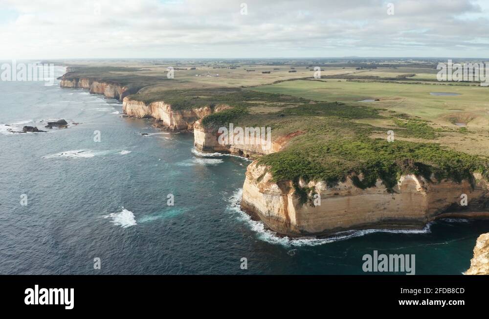 Huge cliffs with Cattle farm land on the edge of Australia. 4k Stock ...
