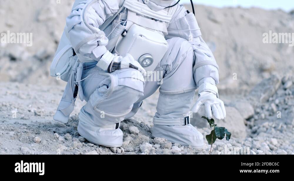 Cosmonaut in the white space armor and helmet on his head touching ...