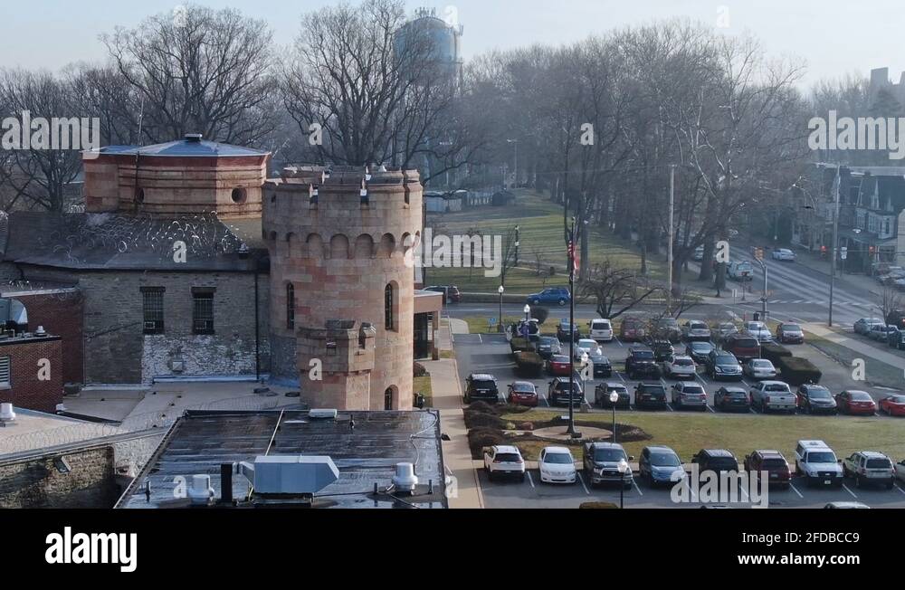 Watchtowers of Lancaster County Prison, aerial view of brick towers ...