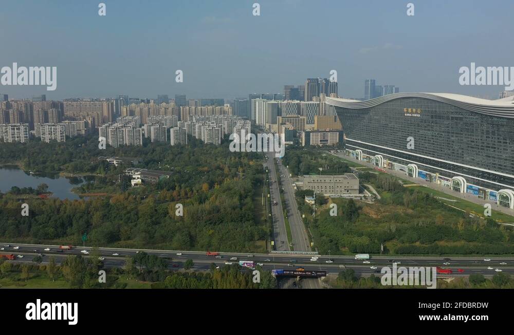 Chengdu World Largest Building Global Center Park Aerial Panorama 4k