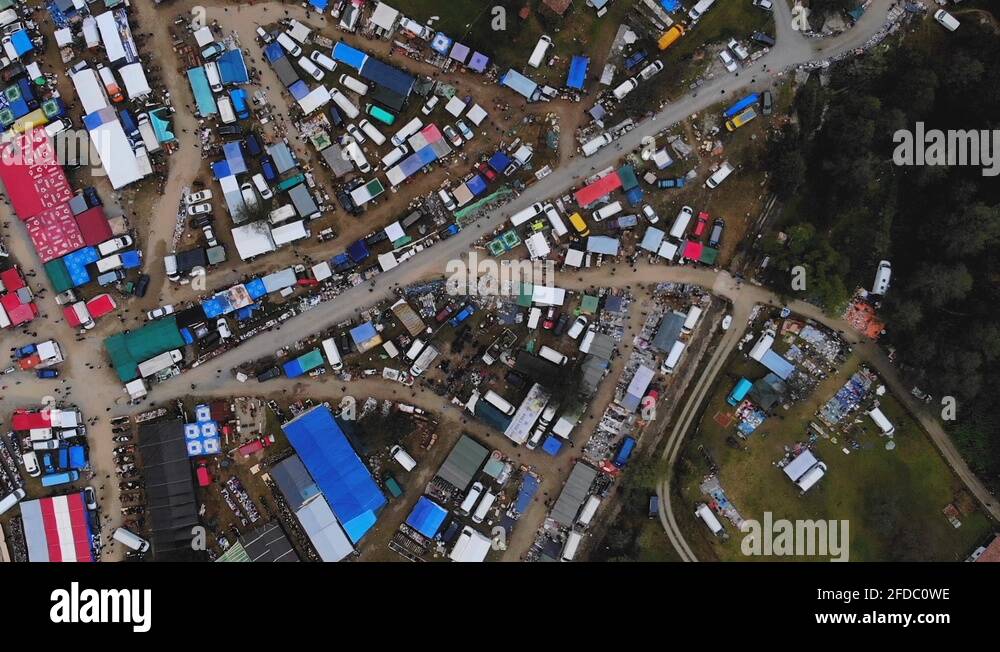 Bird's eye view of the largest Romanian flea market from Negreni, fly ...