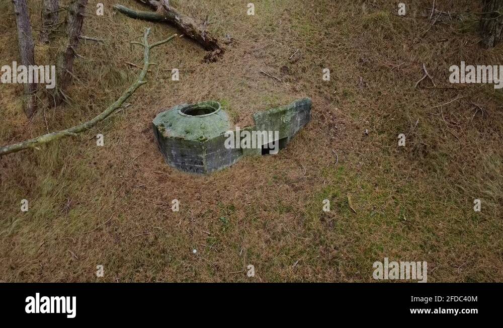 Arial view of a bunker in a forest. A machine gun was positioned in the ...