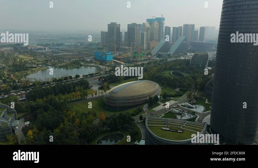 chengdu city downtown complex construction park aerial panorama 4k ...