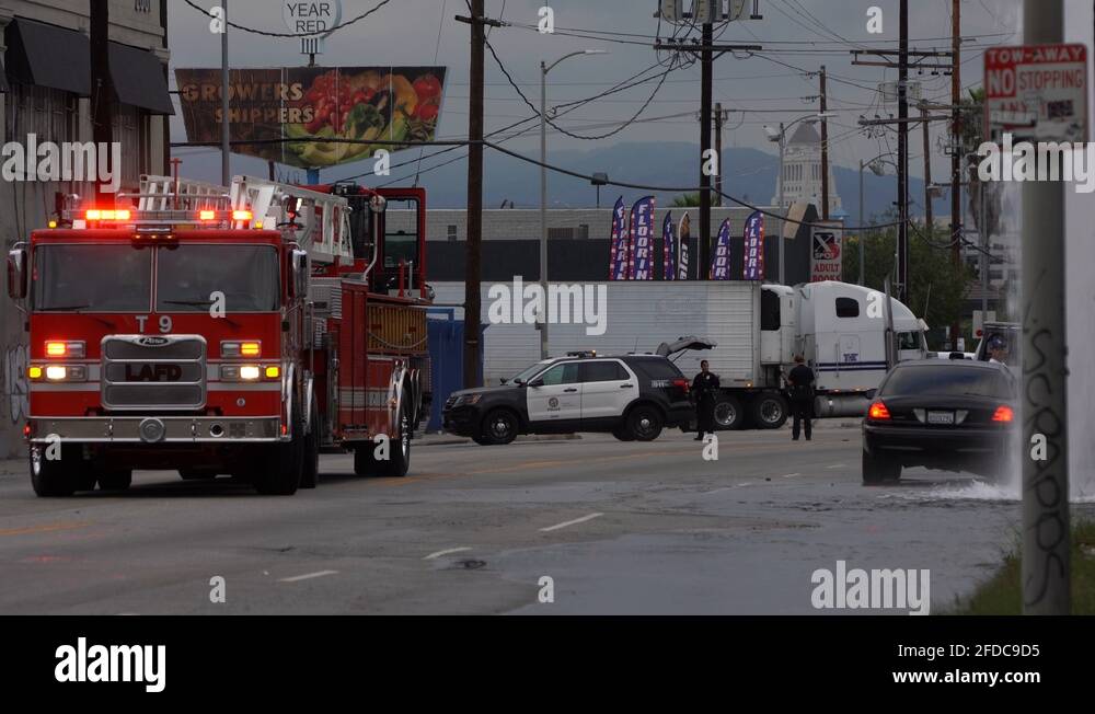 LAFD Fire Truck at a crash in Downtown Los Angeles Stock Video Footage ...