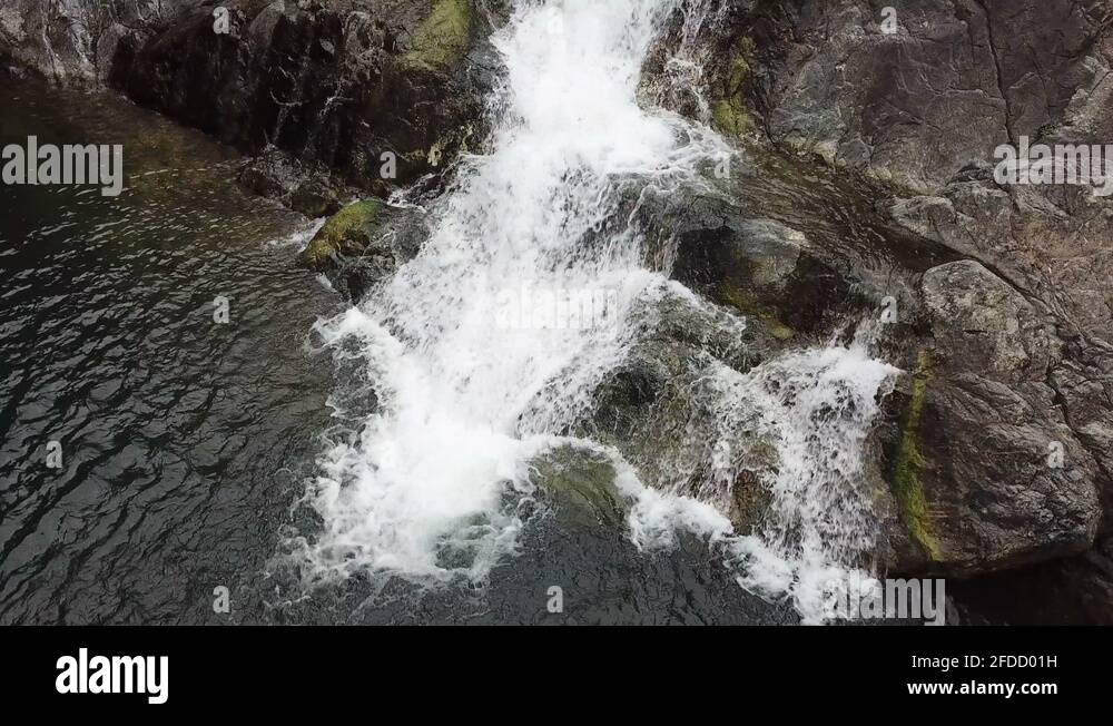 Birds Eye Aerial View of Foot of Waterfall and Natural Pool in Tropical ...