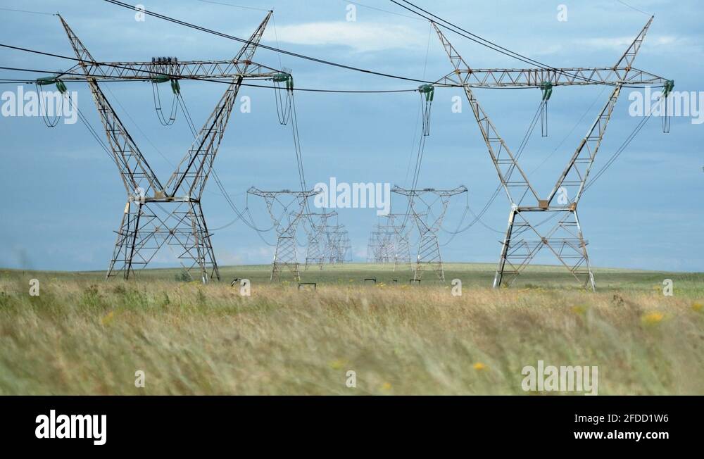 Row of electricity pylons and overhead power lines in grassy field ...