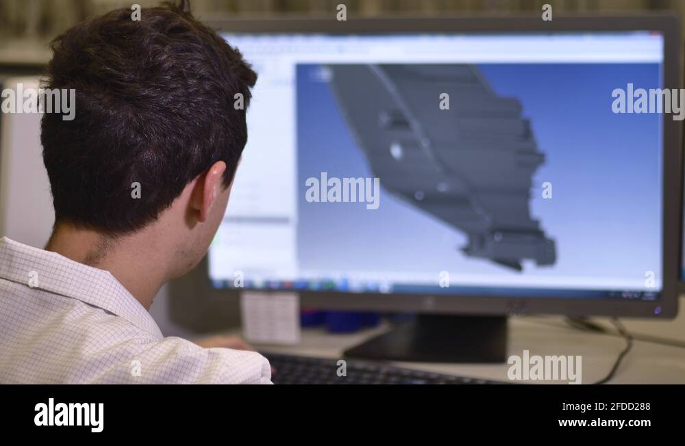 Designer Working on Desktop Computer, CAD Software with 3D Part for ...