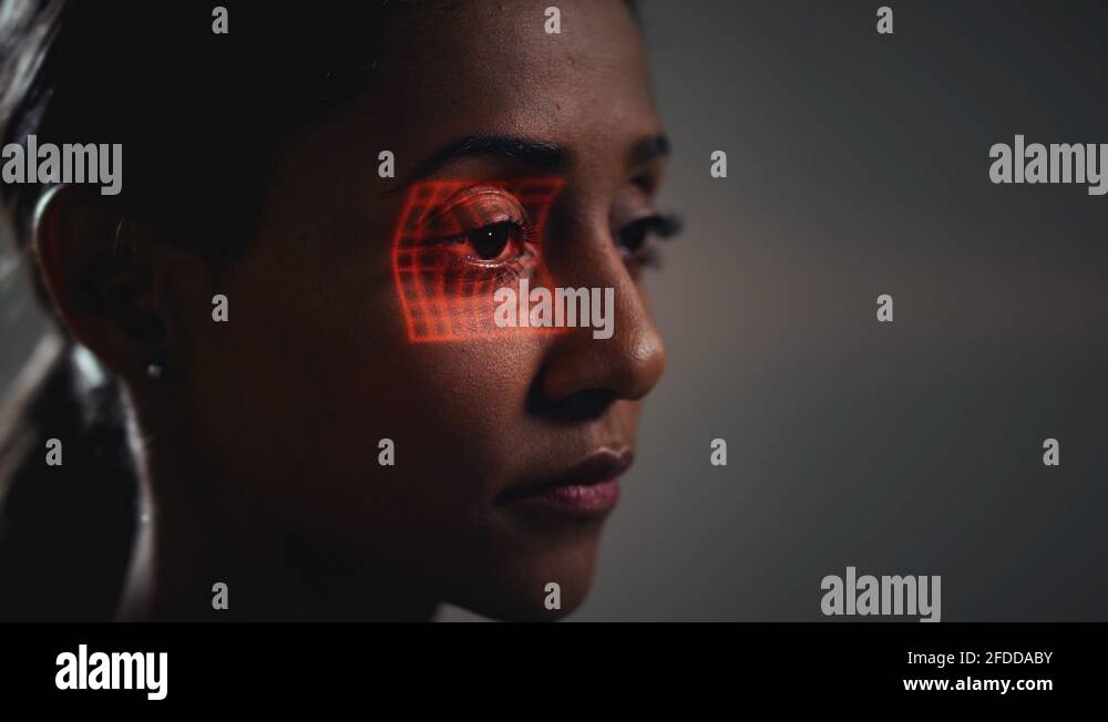 Facial Recognition Technology Concept As Woman Has Red Grid Projected ...
