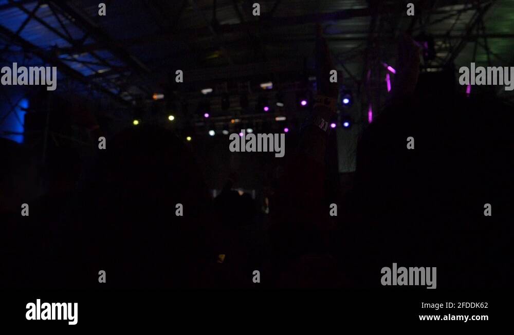 Indoor music festival. Crowd enjoy rap concert, dancing in nightclub ...