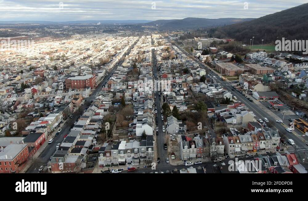 Reading, Pennsylvania high aerial drone truck shot, urban housing ...
