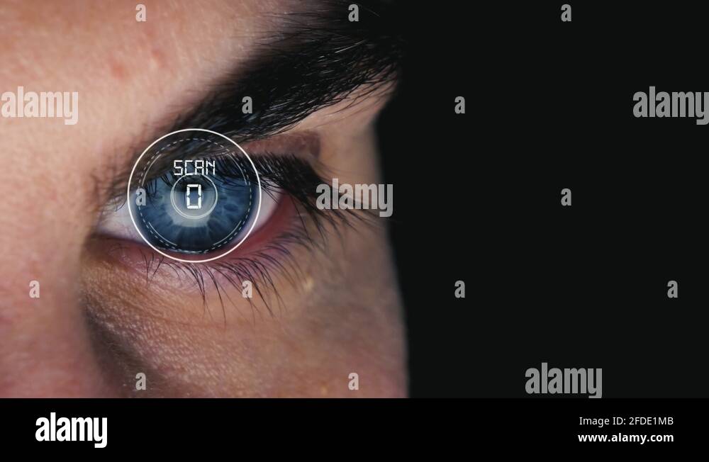 Male human eye biometrics scanning to unlock and give access to private ...