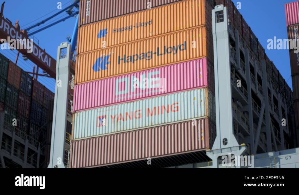 Close up of stacked containers on a giant container ship, with a clear ...
