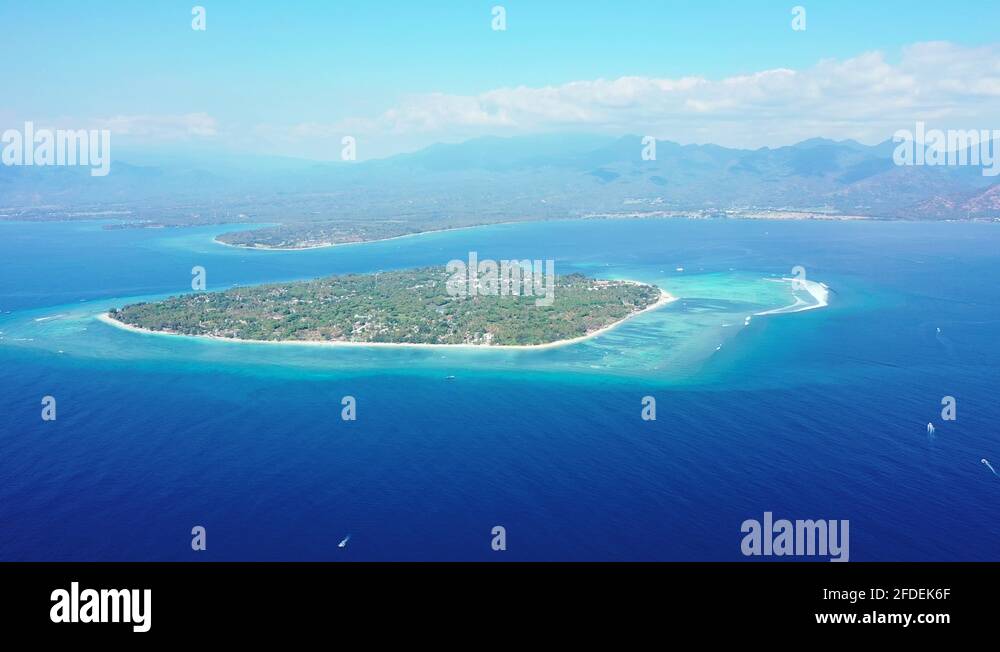 Gilli air island and Lombok on a foggy day. aerial seascape, tropical ...