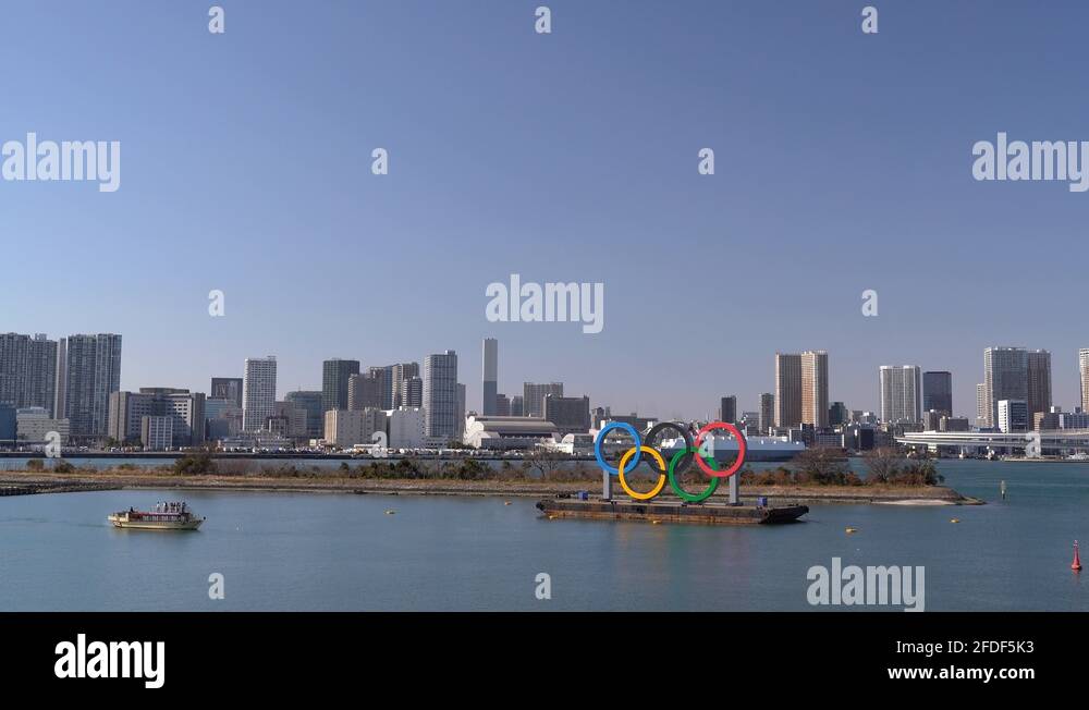 The iconic Olympic rings situated in Tokyo Bay, Japan- Wide shot Stock ...