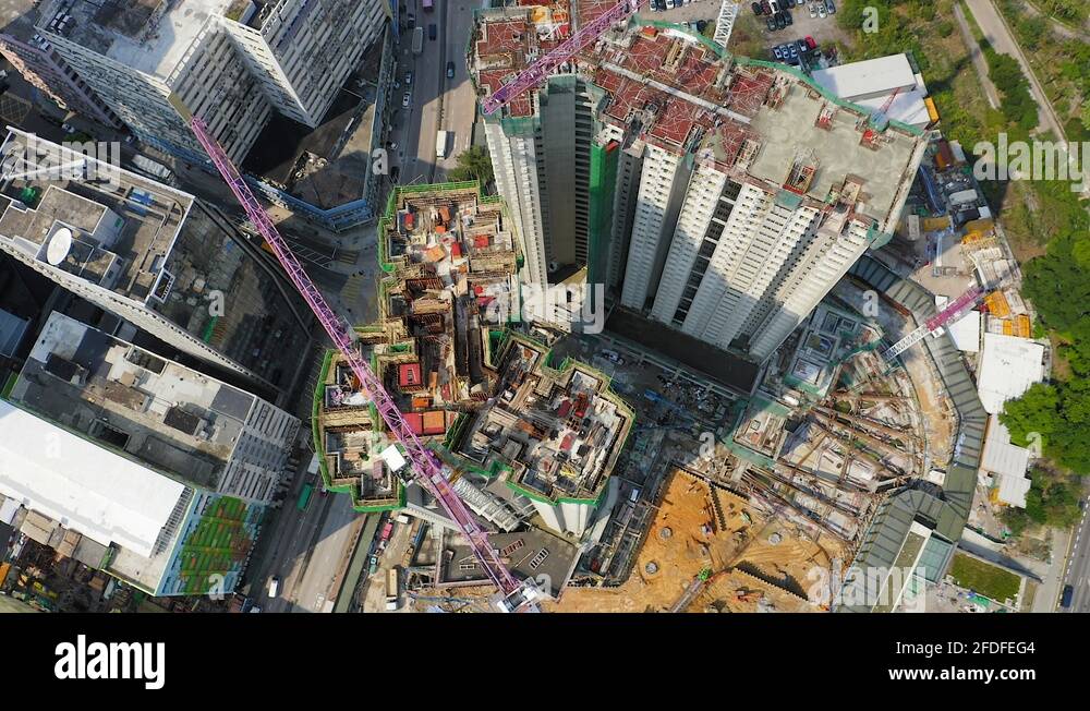 Mega Building Construction site in downtown Hong Kong, Pull up tilt ...