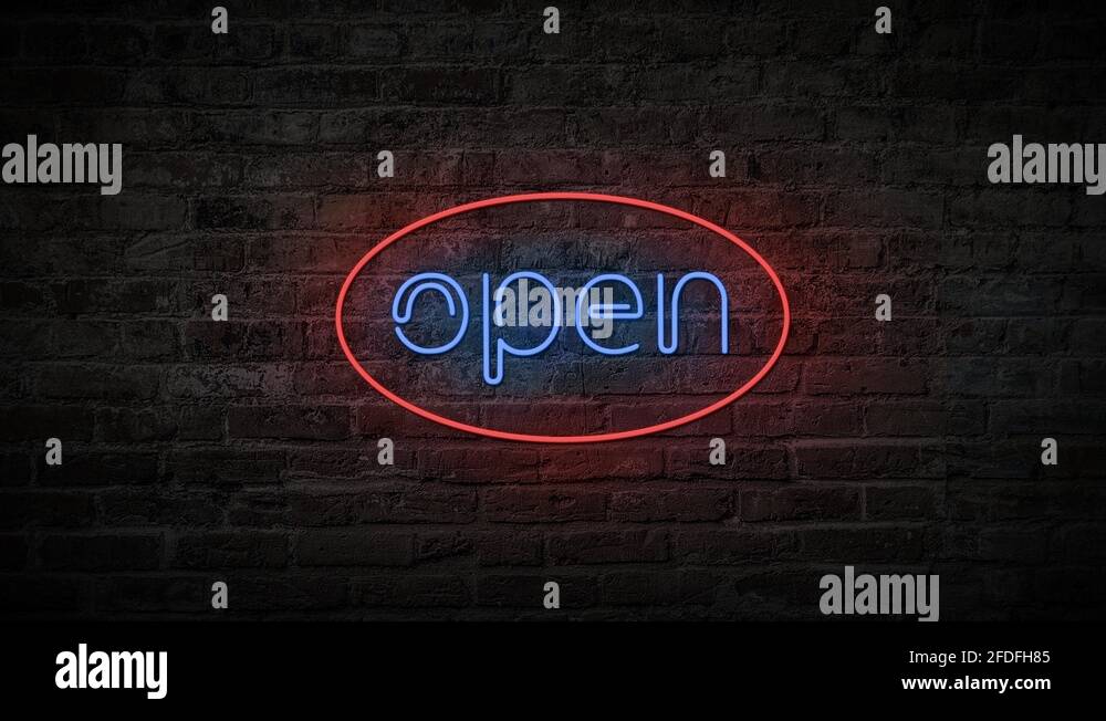 Flashing red and blue OPEN sign on and off on a brick background with ...