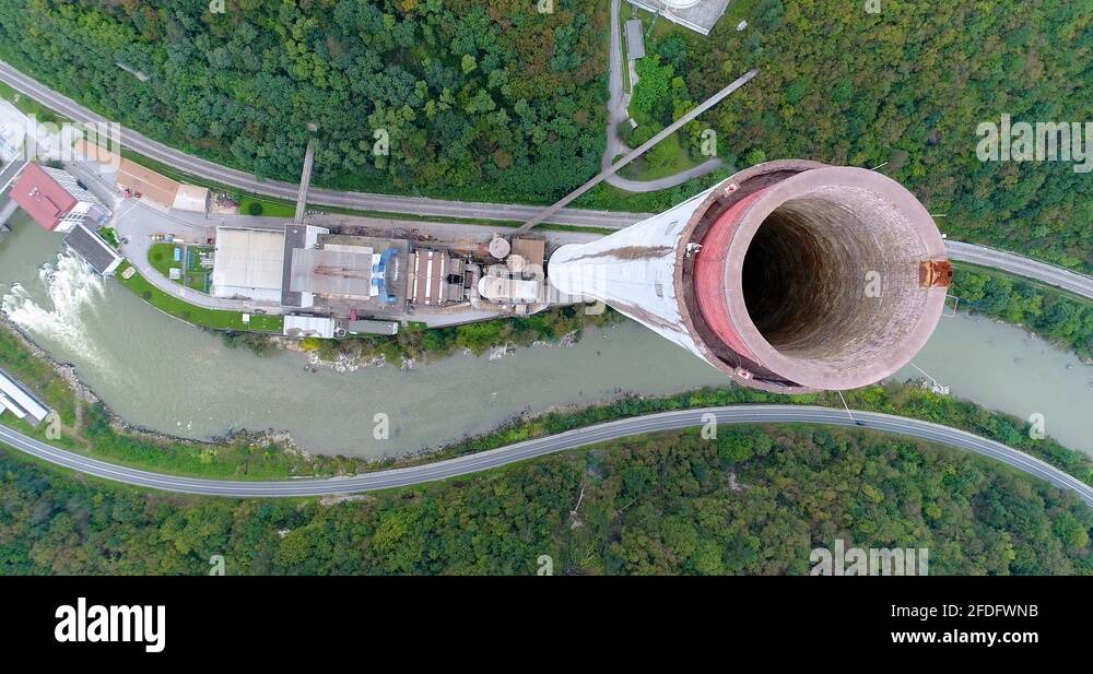Drone looking vertically down from top of tallest chimney stack in ...