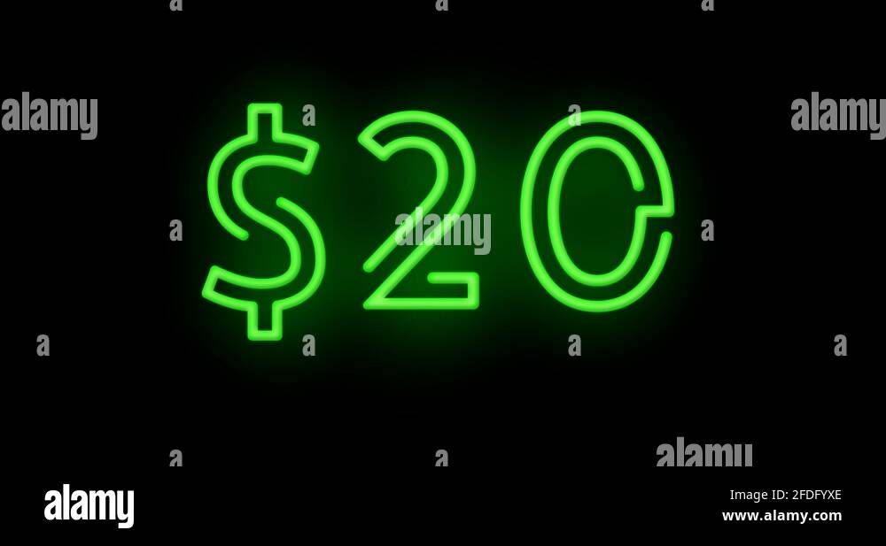 Twenty Dollar neon sign flickering on and off on black background Stock ...