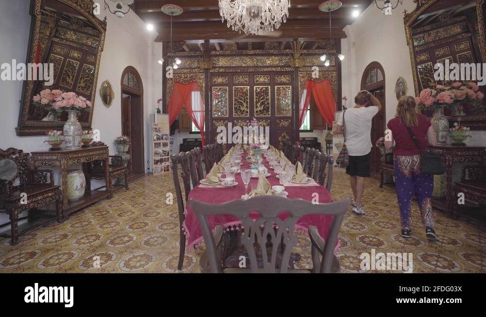 Traditional Asian Oriental Dining Table in Public Museum, Flyover Shot ...