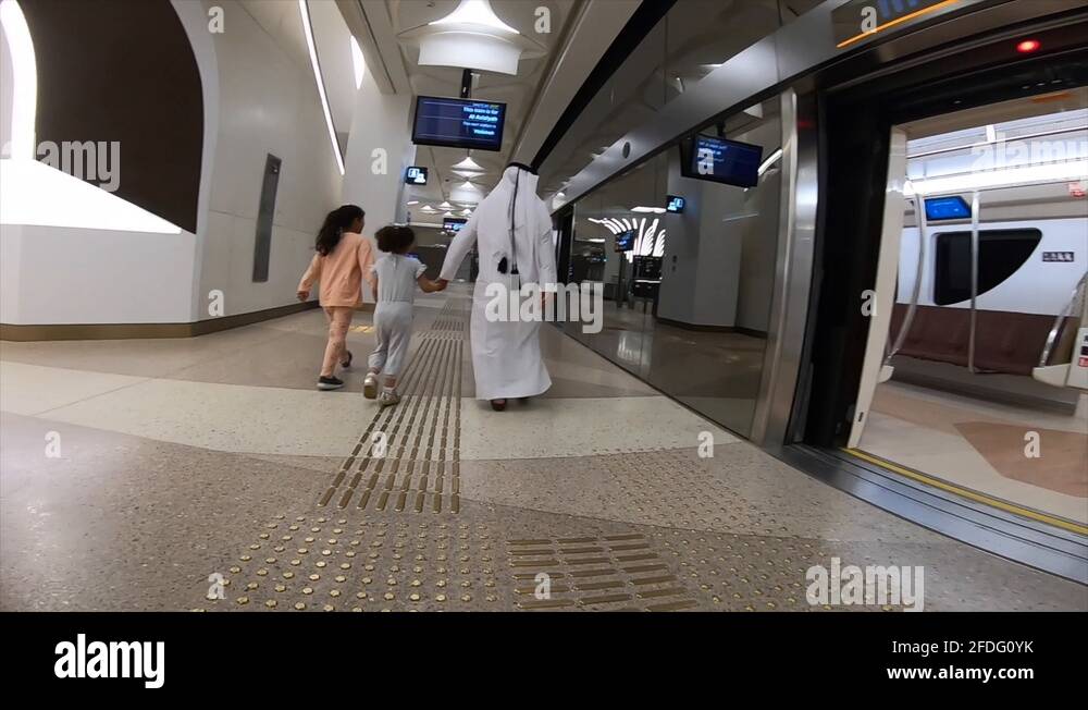 Doha, Qatar - January 2020. The interior of Al Bidda metro station ...