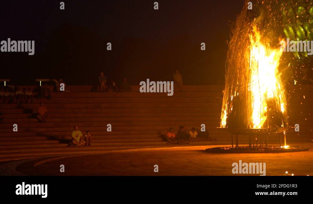 Auroville birthday, community meditation bonfire ceremony, Matrimandir ...