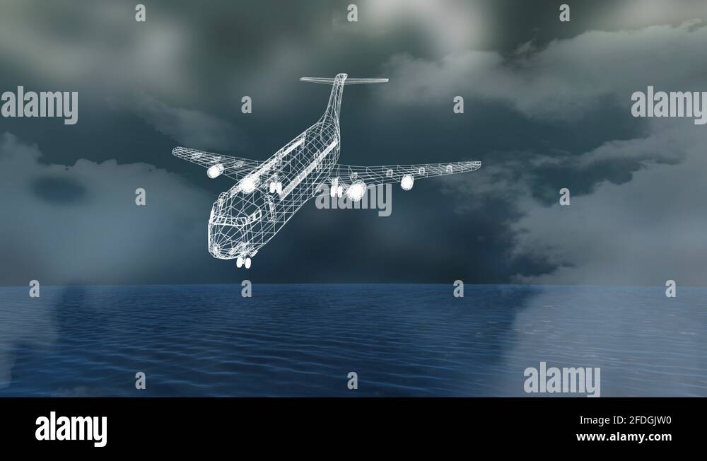 Animation of 3d technical drawing of model of aeroplane with ocean and ...