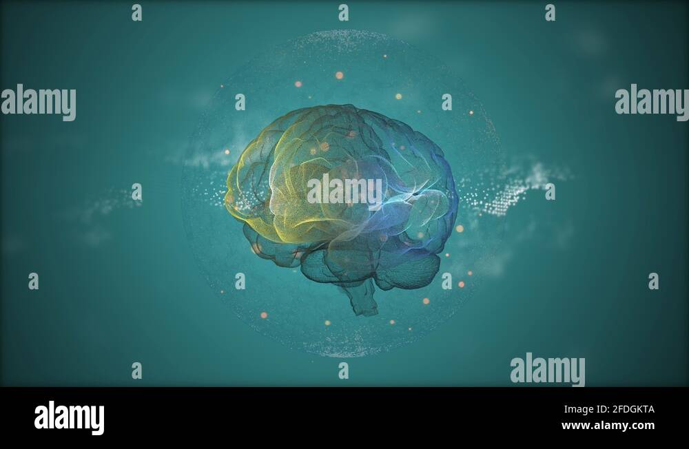 Intellectual property concept. Animated brain floating among golden ...