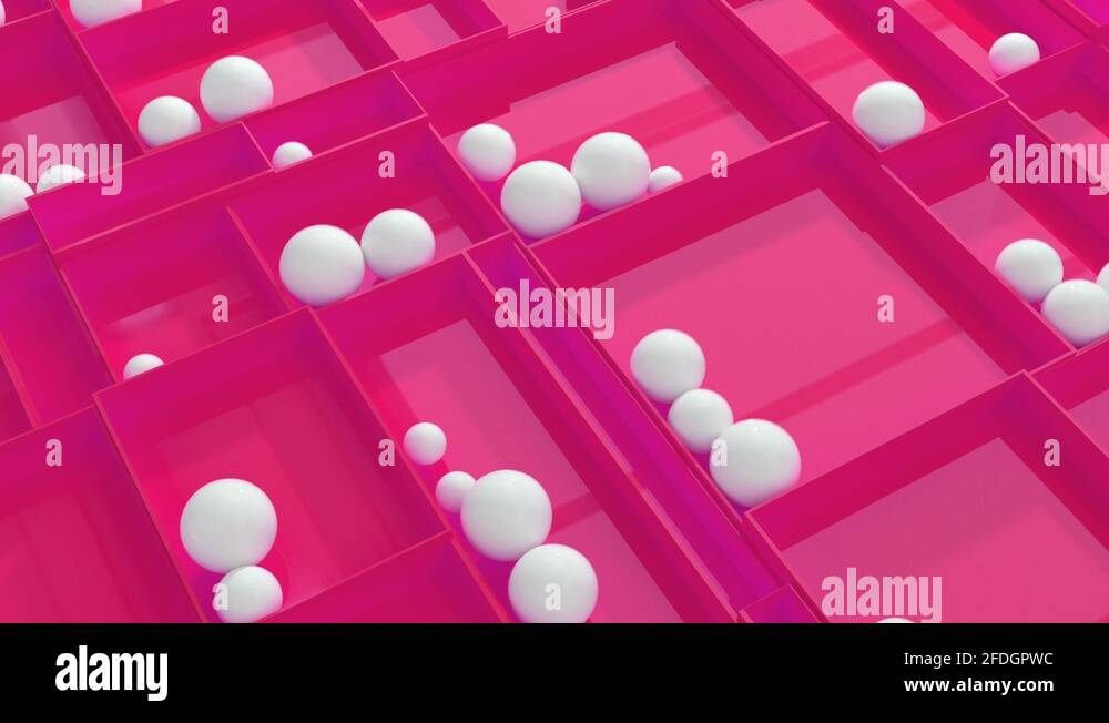 Abstract 3D boxes with white balls inside rolling. Animation render ...