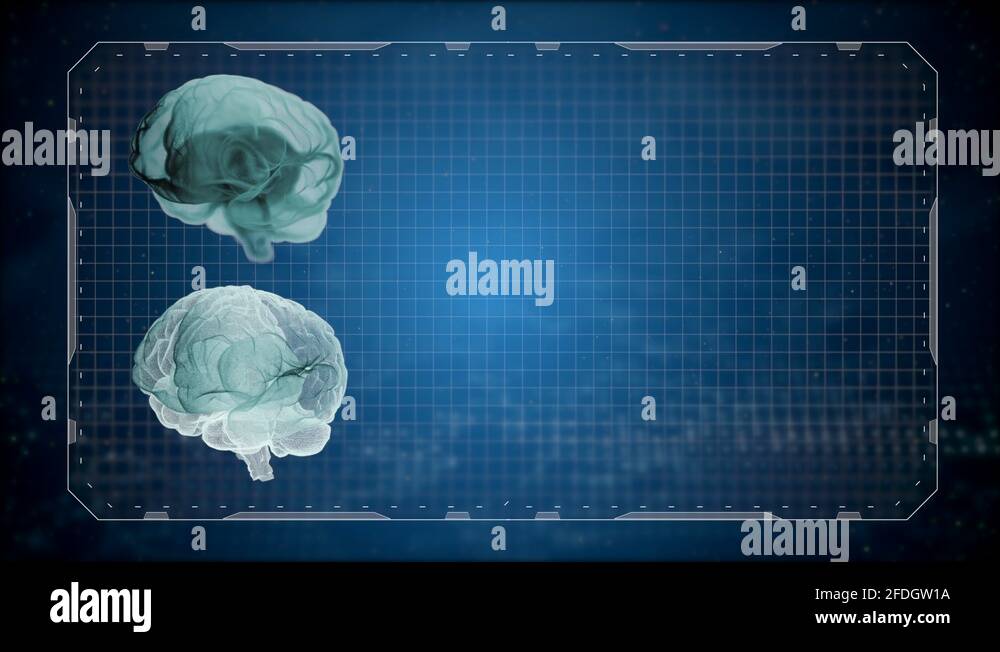 Computed medical tomography MRI scan of human brain over gridded dark ...