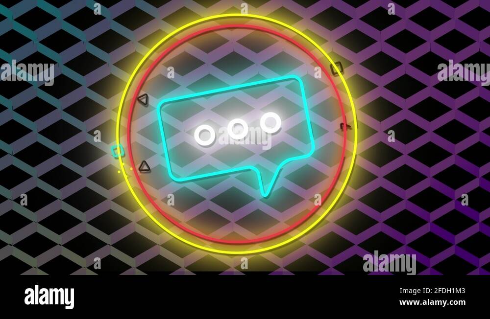 Animation of flickering blue neon digital message icon in a glowing ...