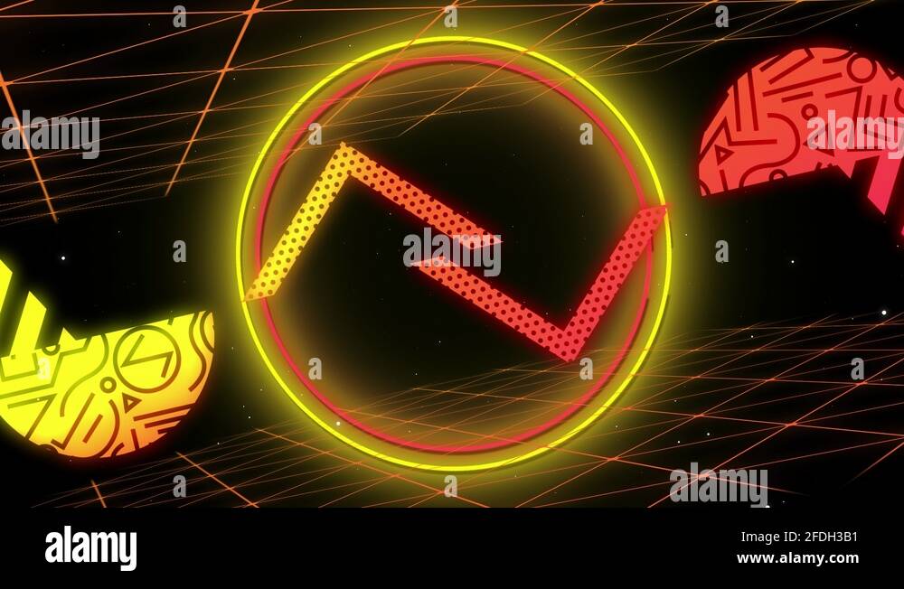 Animation of flickering neon digital icons changing in a glowing circle ...