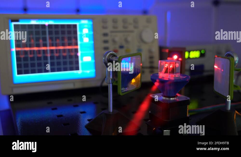 laser in a quantum optics lab. Semiconductor laser on optical table in ...