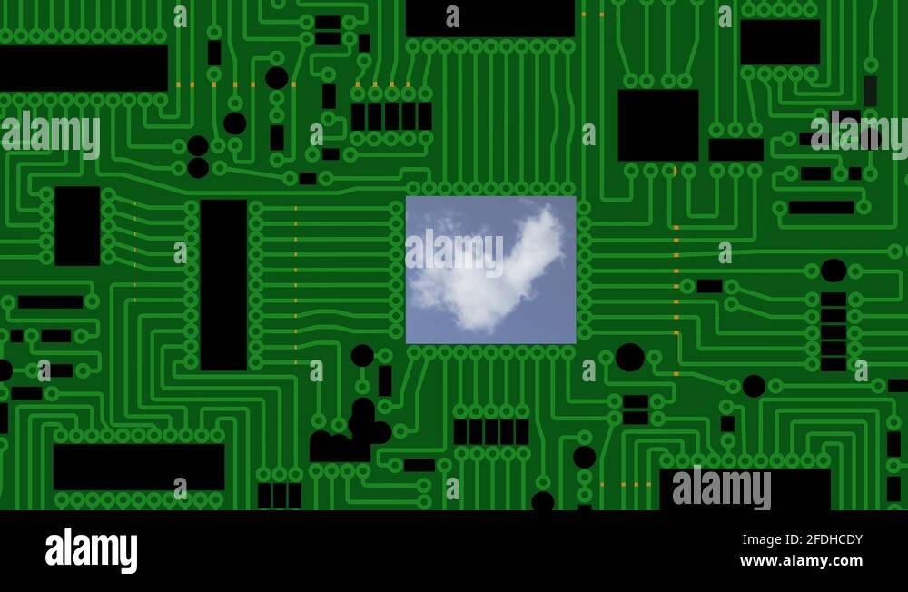 Abstract computer effect of computer of motherboard and blinking cloud ...