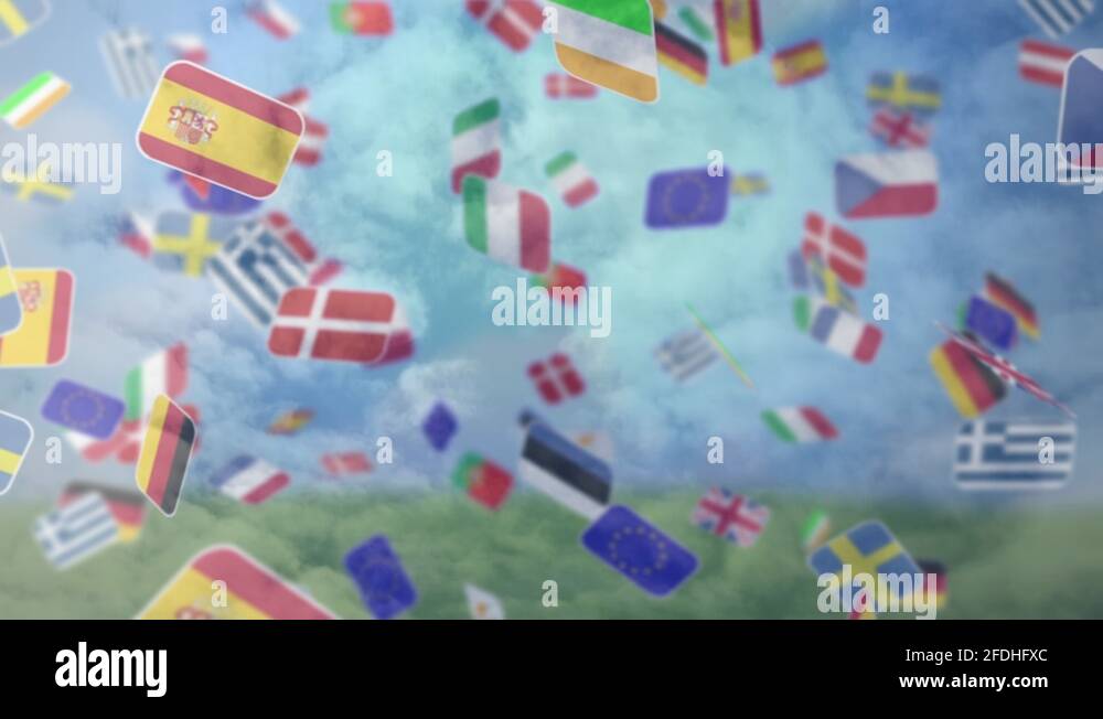 Globe made of national flags with national flags flying around over ...