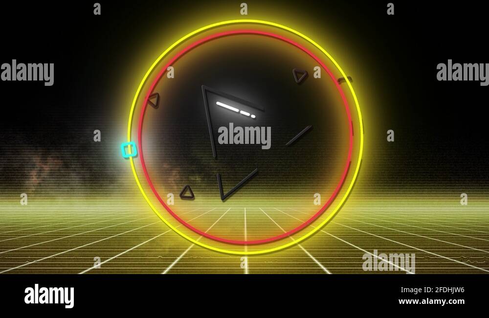 Animation of flickering blue neon digital play button icon in a glowing ...