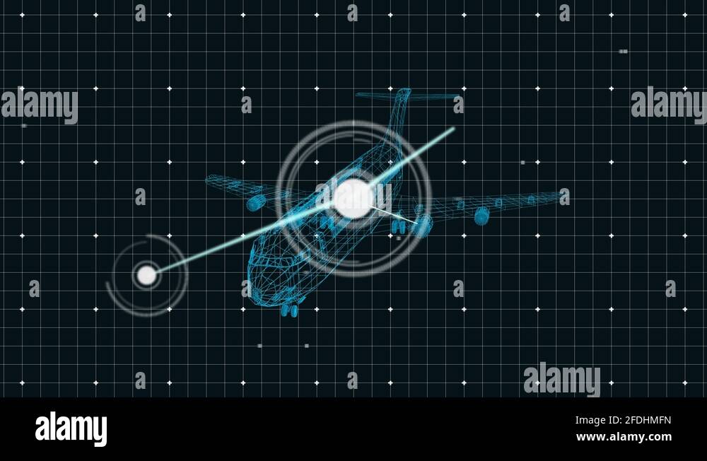3D airplane technical drawing with network connections on black ...