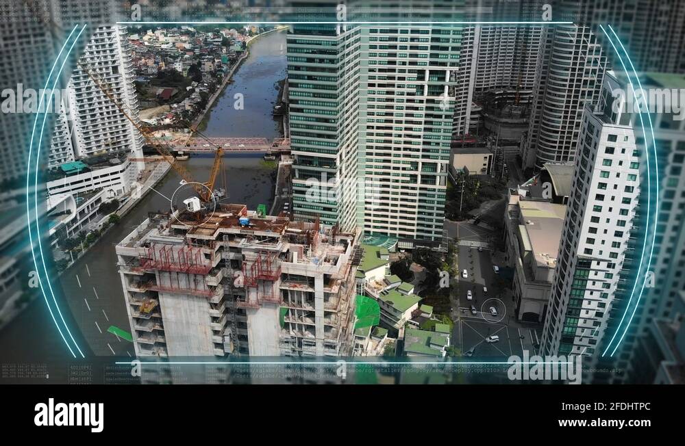 Aerial HUD Monitoring City, Locating Construction Crane On Skyscraper ...