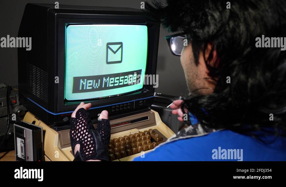 Receiving a New Message on a Vintage Old Computer from the 70s 80s ...