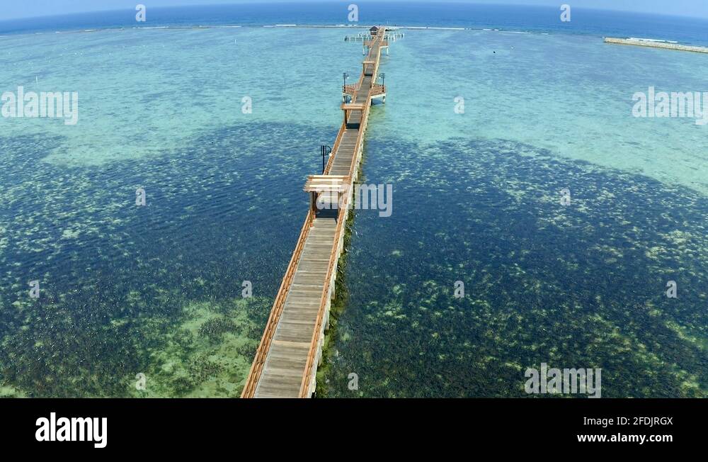 walkway over the ocean above clear water in Pramuka Island of Thousand ...