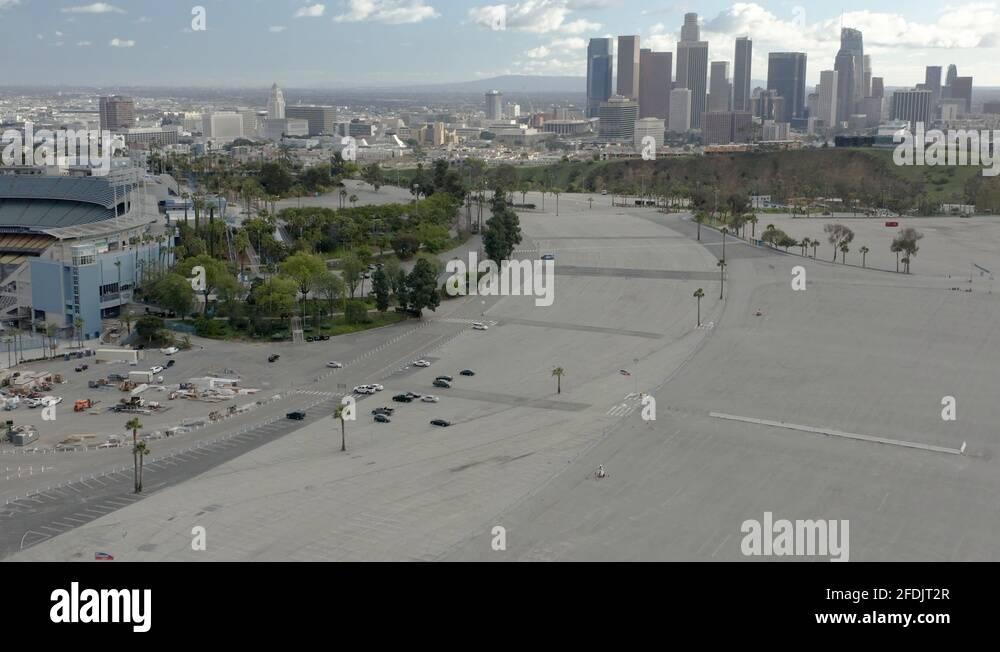 Aerial shoot of the empty parking lot of the Dodger stadium in Los ...