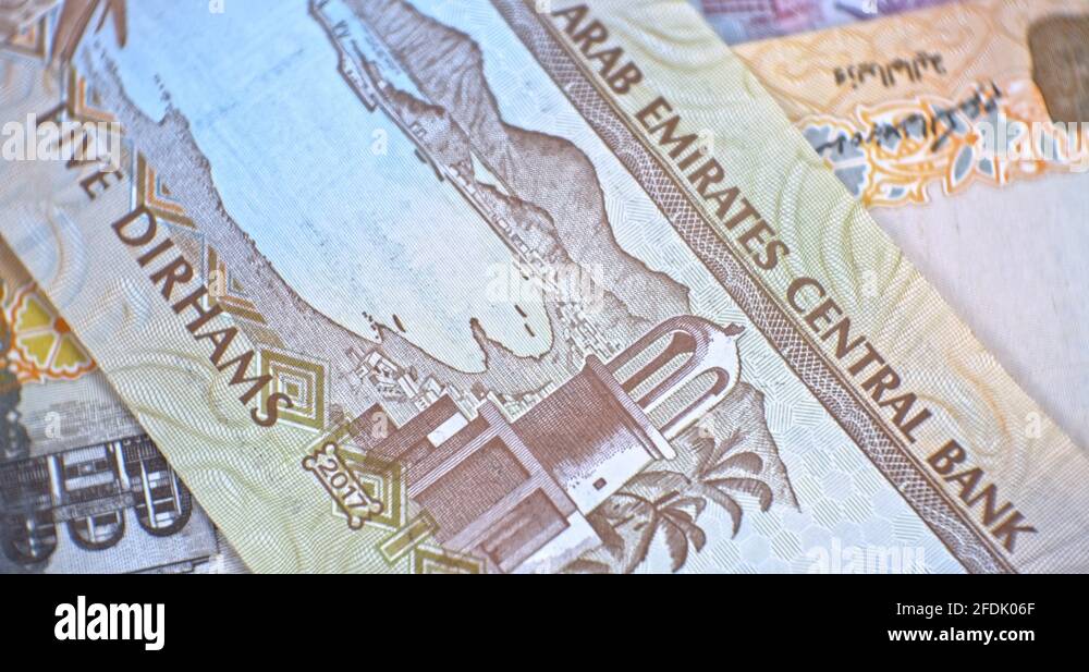 United Arab Emirates five dirham banknote, UAE Emirati money closeup ...
