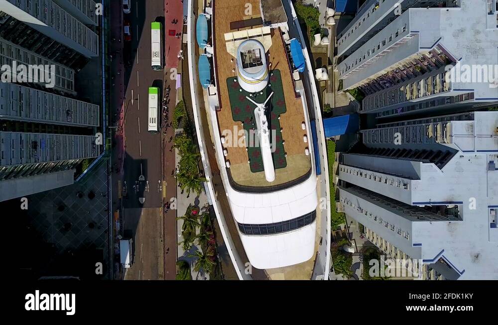 Aerial view of shaped cruise ship shopping mall building seen in ...