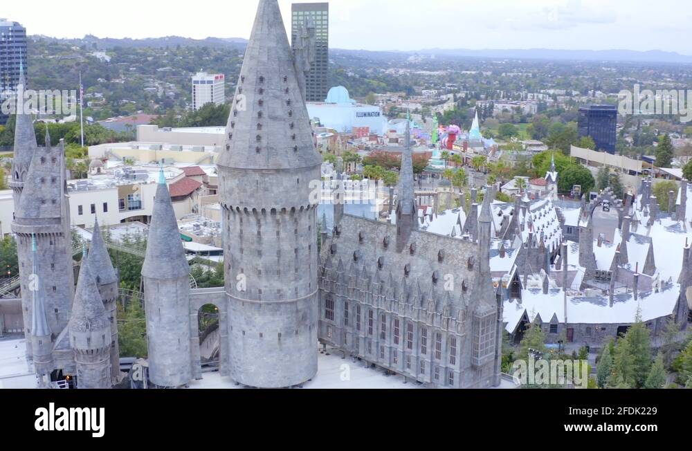 4K aerial of empty Universal Studios by Hogwarts Harry Potter castle ...
