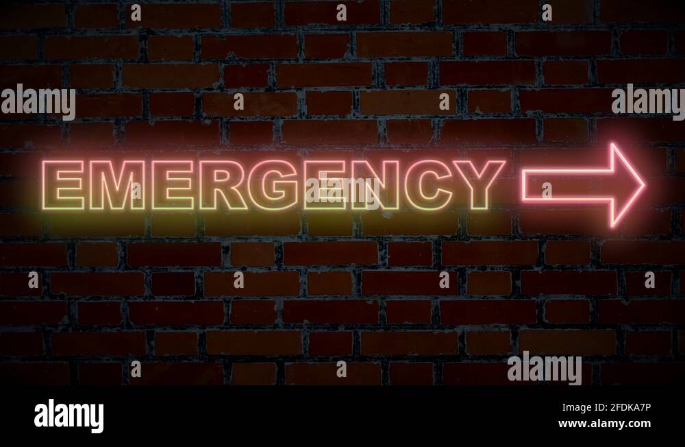 Illuminated Emergency sign text blinking in neon lights with brick wall ...
