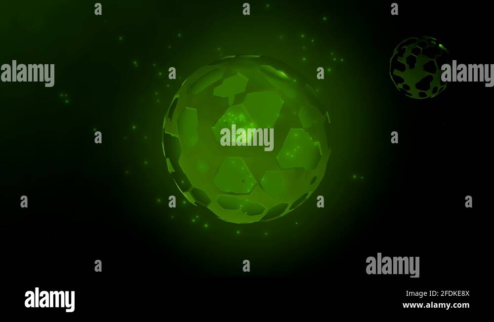 Dynamic rotating sci-fi orbs in green color emitting particles into ...